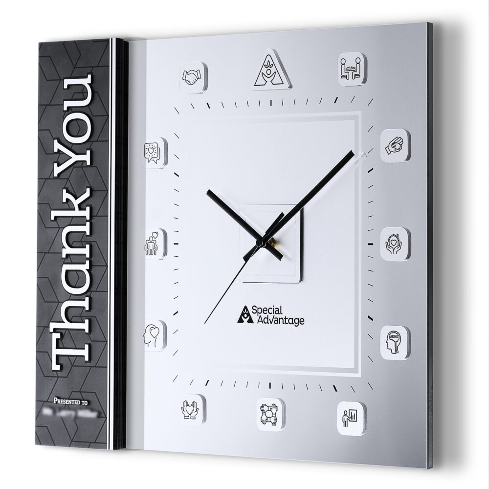 Custom Clock Plaque W/Icons and Logo on Mirror - J·Plak