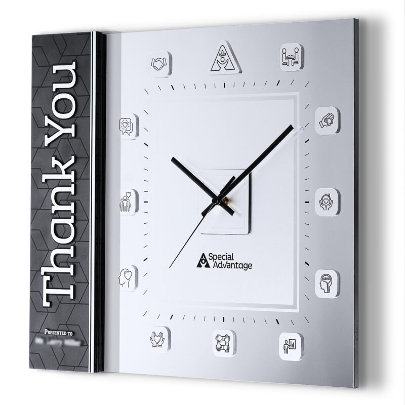 Custom Clock Plaque W/Icons and Logo on Mirror - J·Plak