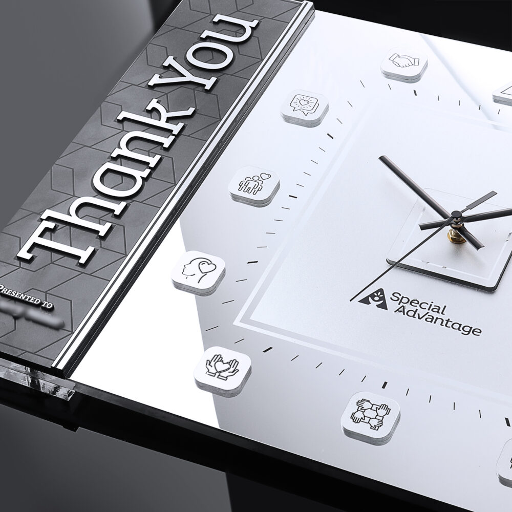 Custom Clock Plaque W/Icons and Logo on Mirror - J·Plak